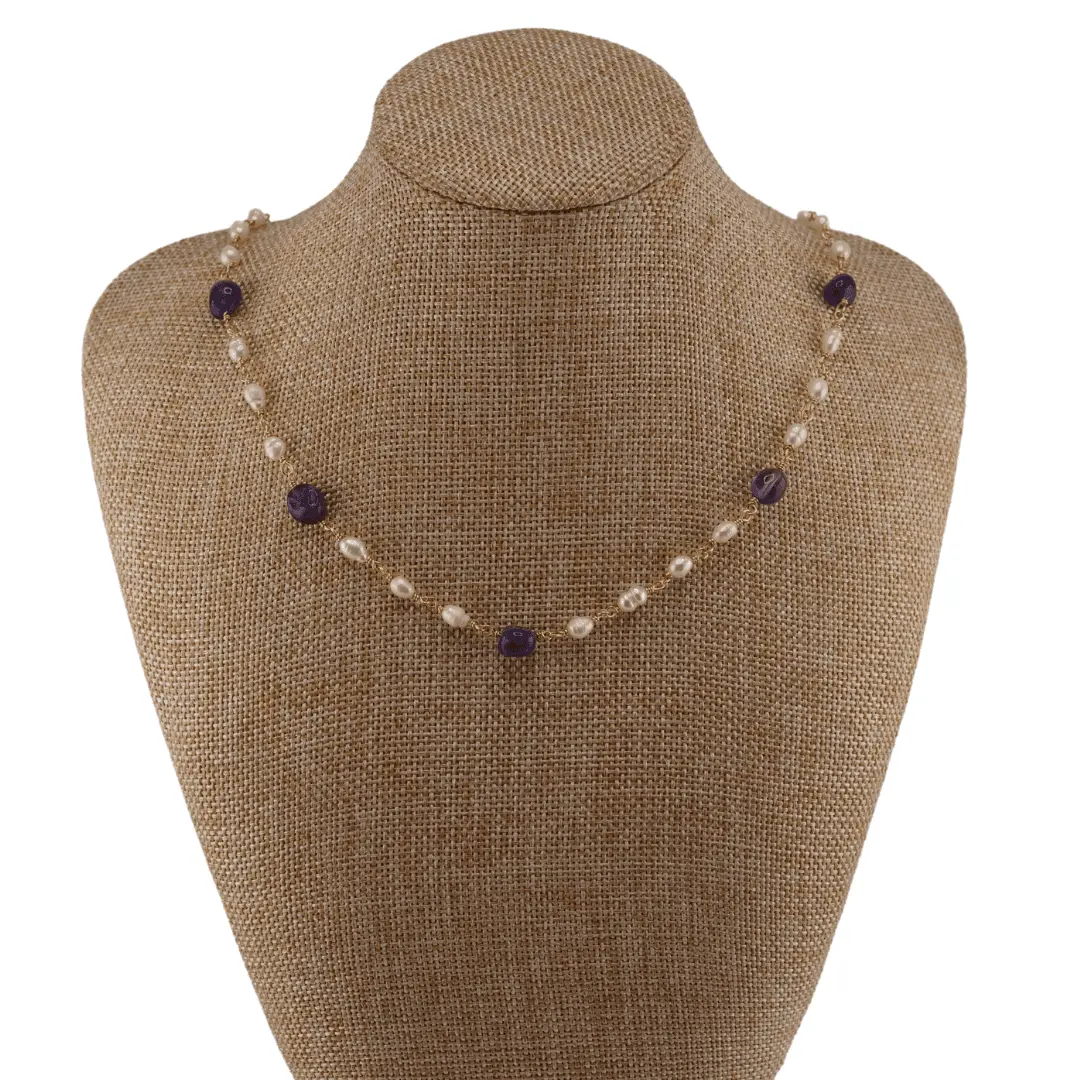 Colier reglabil cu Ametist si perle de cultura, metal auriu, 3-7mm...