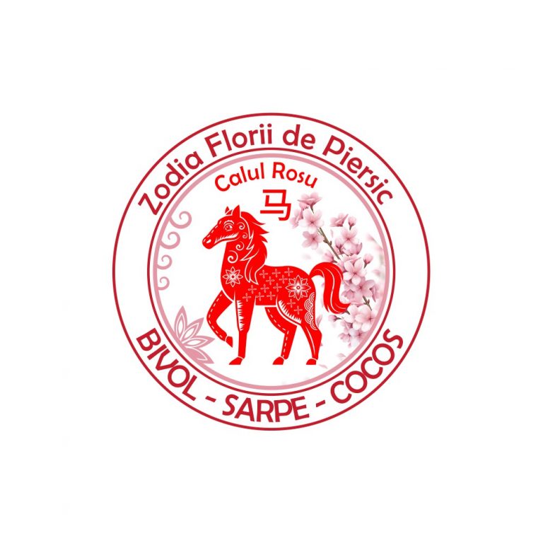 Abtibild sticker Feng Shui cu Cal Rosu si Floare de Piersic - 5cm